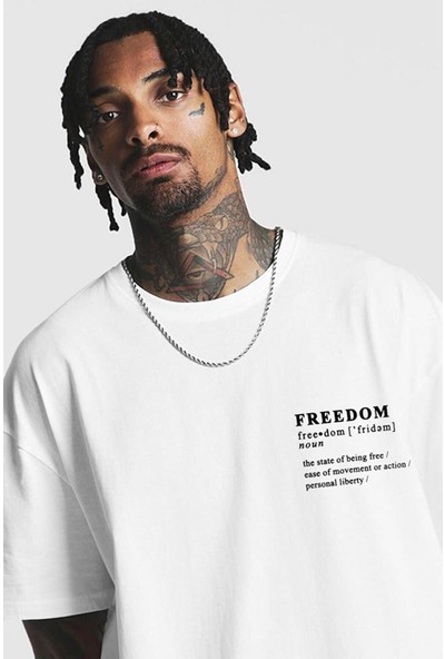 Freedom Baskılı Oversize Beyaz T-Shirt Unisex