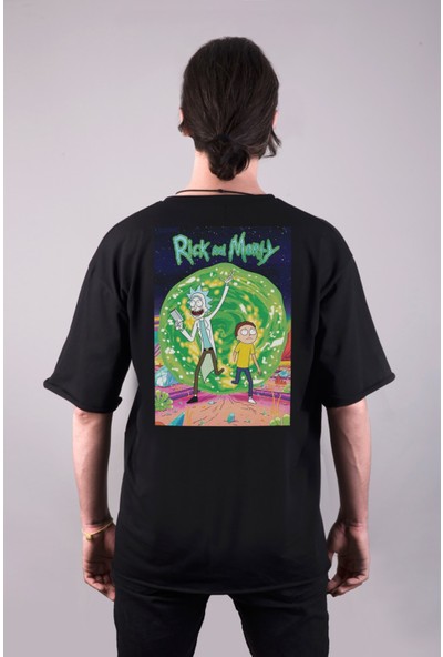 Kokina Rick And Morty Baskılı Oversize Siyah T-Shirt Unisex