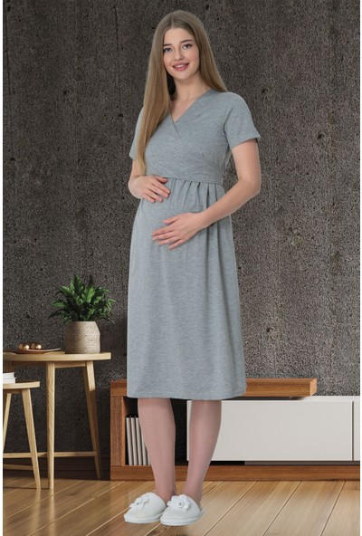 Mecit Pijama Mecit 5646 Gri Kruvaze Bağlamalı Hamile Lohusa Elbise