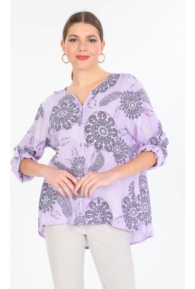 Luisido Kadın Lila Italyan Etnik Desenli Yakası Düğmeli Oversize Bluz Luisido Kadın Lila Italyan Etnik Desenli Yakası Düğmeli Oversize Bluz