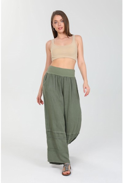Luisido Kadın Italyan Haki Bol Paça Salaş Keten Pantolon Luisido Kadın Italyan Haki Bol Paça Salaş Keten Pantolon