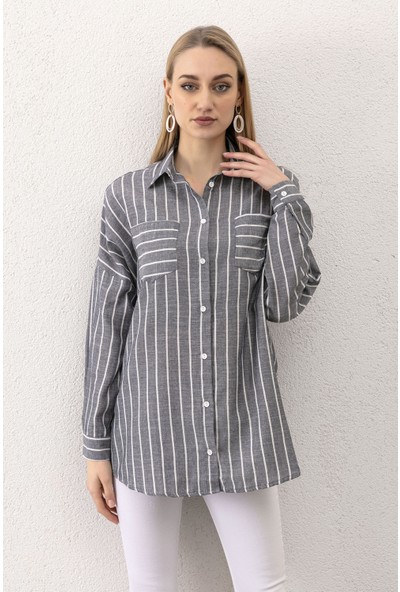 Etkimod Kadın Çizgili Uzun Kollu Salaş Kesim Gömlek
