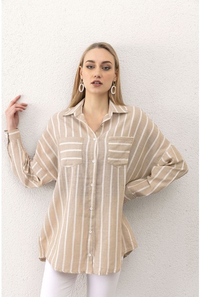 Etkimod Kadın Çizgili Uzun Kollu Salaş Kesim Gömlek