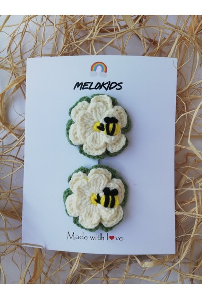 Melo Kids 2li Arılı Örgü Çiçek Yuvarlak Çıtçıtlı Toka Seti