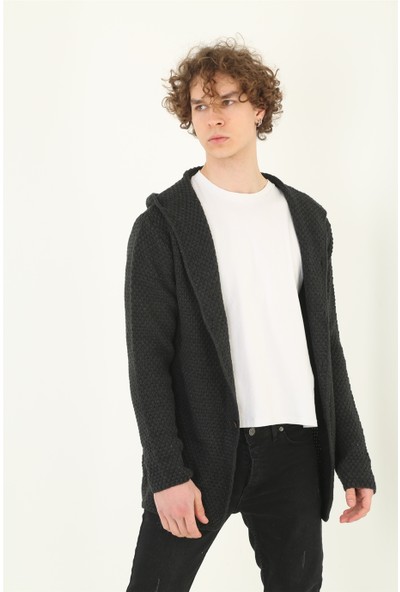 Elm Wear Kapuşonlu Uzun Triko Hırka - Antrasit