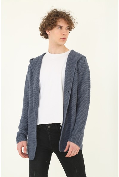 Elm Wear Kapuşonlu Uzun Triko Hırka - Mavi