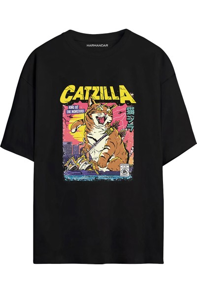Harmandar Retro Catzilla Baskılı Unisex Beyaz Oversize T-Shirt