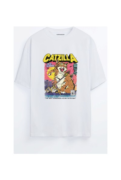 Harmandar Retro Catzilla Baskılı Unisex Beyaz Oversize T-Shirt