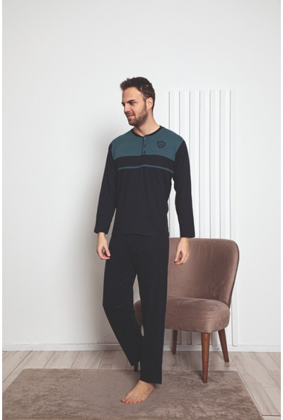 Kmkkombin Erkek Lacivert-Mint Uzunkol Pijama Takımı Kmkkombin Erkek Lacivert-Mint Uzunkol Pijama Takımı