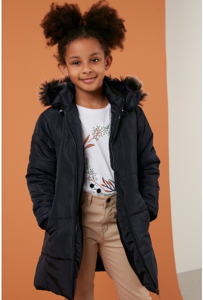 Lela Yakası Suni Kürklü Içi Peluş Astarlı Çıkarılabilir Kapüşonlu Mont Kız Çocuk Mont 5760043