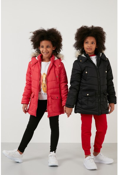 Lela Yakası Suni Kürklü Içi Peluş Astarlı Kapüşonlu Cepli Mont Kız Çocuk Mont 6034040