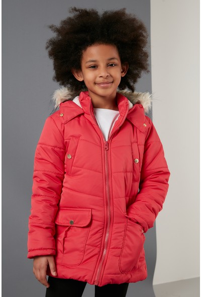 Lela Yakası Suni Kürklü Içi Peluş Astarlı Kapüşonlu Cepli Mont Kız Çocuk Mont 6034040