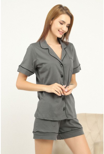 Shapertech Kadın Gri Pijama Takım Düğmeli Alt Üst Giyim