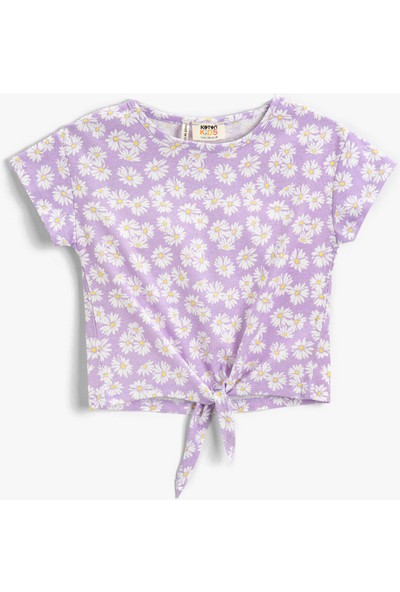 Koton Kız Çocuk Çiçekli Bağlama Detaylı Kısa Kollu Tişört