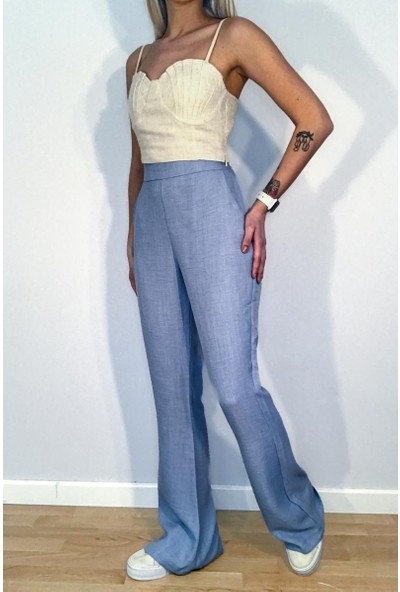 Guavé İstanbul Beli Lastikli Yüksek Bel Keten Görünümlü Ispanyol Paça Pantolon