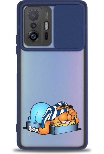 Noprin Xiaomi Mi 11T Kılıf Sürgülü Kamera Korumalı Lacivert Hd Baskılı Kılıf - Uyu Garfi Uyu