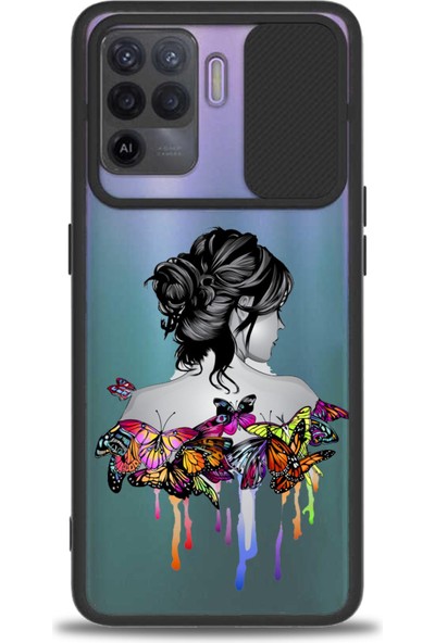 Noprin Oppo Reno 5 Lite Kılıf Sürgülü Kamera Korumalı Siyah Hd Baskılı Kılıf - Kelebek Kız