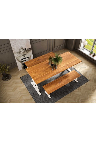 Woodesk Asya Masif Tik Renk 200 x 80 cm Çift Banklı Masa Takımı CPT7121-200