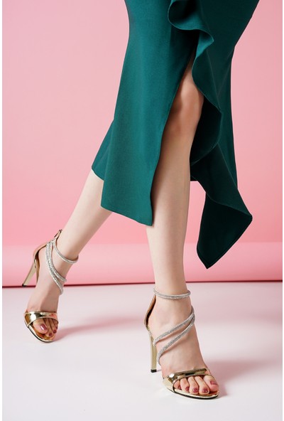 Divolya Celinda Gold Taşlı Bantlı Topuklu Ayakkabı