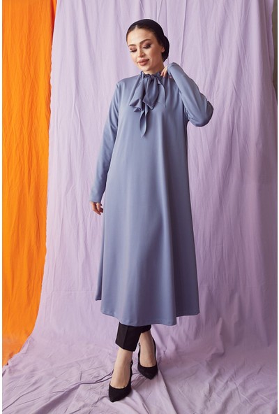 Miostil Yaka Fularlı Uzun Tunik-Indigo