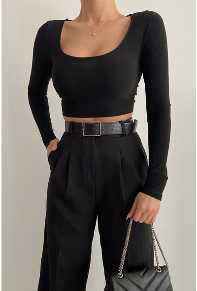 Kare Yaka Crop Bluz Siyah