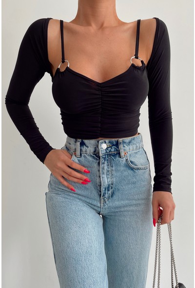 Circle Büzgülü Crop Bluz Siyah