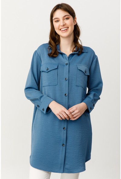 Ekol Gömlek Yaka Düğmeli Uzun Kol Indigo Bayan Tunik 22103408