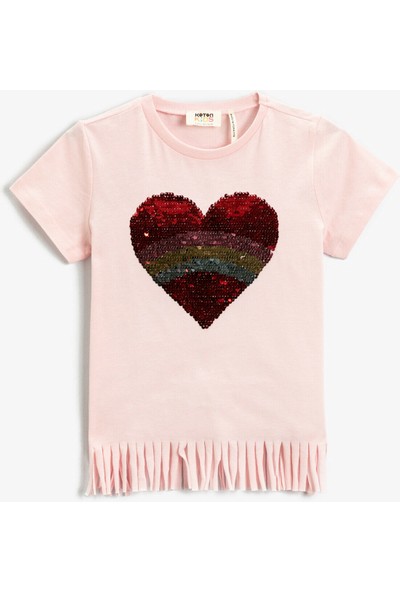 Koton Çift Taraflı Pullu Payetli Püsküllü Kısa Kollu Tişört Pamuklu