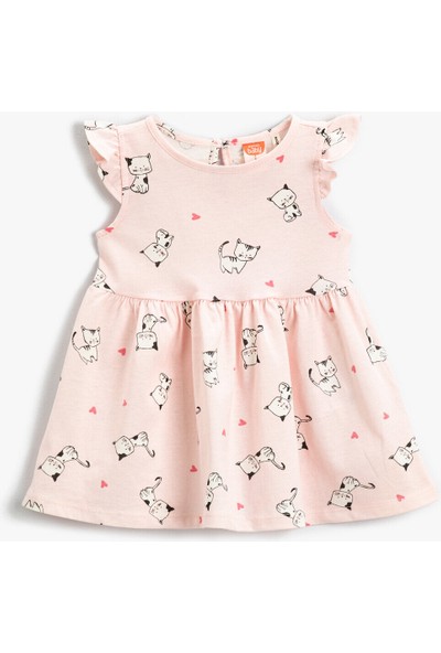Koton Kız Bebek Kedi Baskılı Fırfırlı Elbise Pamuklu