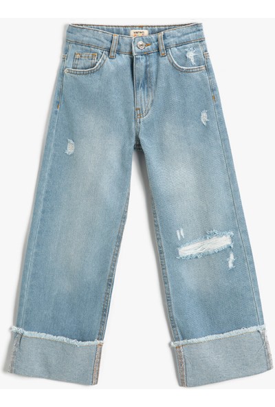Koton Kız Çocuk Destroylu Geniş Paça Boyfriend Kot Pantolon Pamukl