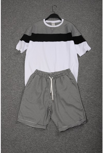 Beyaz Kazayağı Detay Man Şort Tişört Takım
