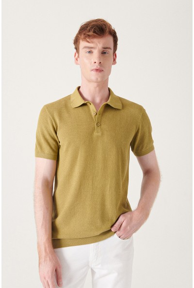 Avva Erkek Yağ Yeşili Polo Yaka Jakarlı Kazak E005009