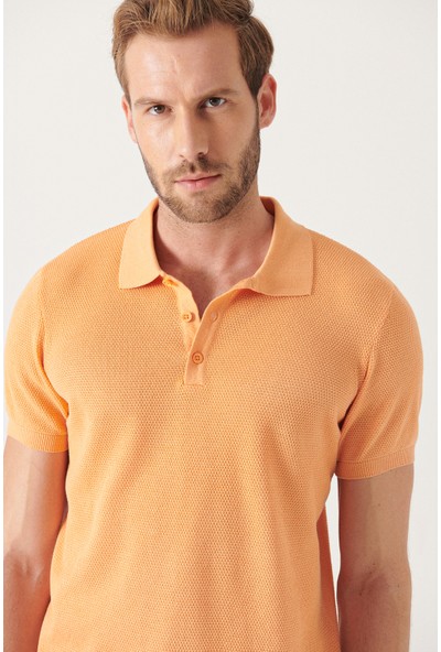Avva Erkek Turuncu Polo Yaka Jakarlı Kazak E005009