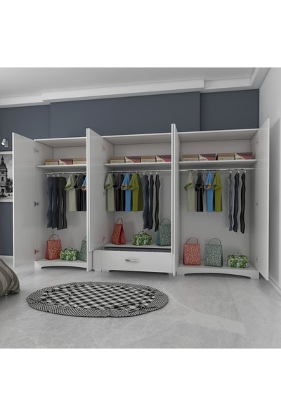 Rani F4 Geniş Gardırop Elbise Dolabı 6 Kapaklı 1 Çekmeceli 3 Raflı 3 Askılı Beyaz Rani F4 Geniş Gardırop Elbise Dolabı 6 Kapaklı 1 Çekmeceli 3 Raflı 3 Askılı Beyaz