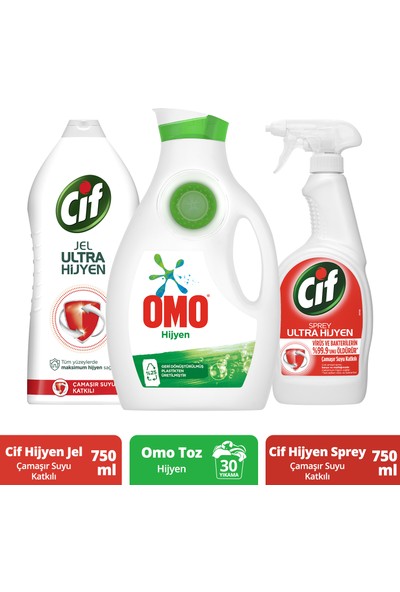 Omo Cif Sprey Ultra Hijyen 750 ml + Cif Ultra Hijyen + Omo Hijyen Sıvı 1950 ml Omo Cif Sprey Ultra Hijyen 750 ml + Cif Ultra Hijyen + Omo Hijyen Sıvı 1950 ml