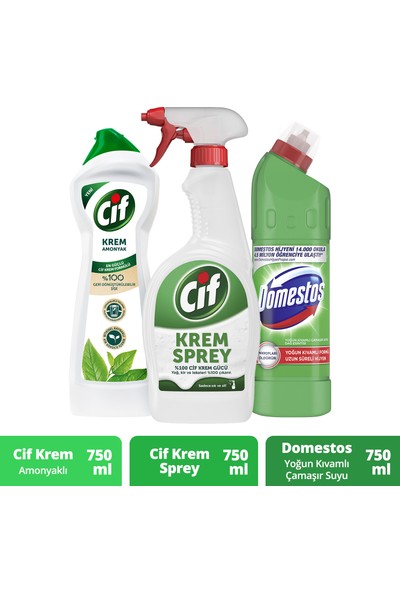 Cif Domestos Dağ Esintisi Çamaşır Suyu + Cif Krem + Cif Krem Sprey Cif Domestos Dağ Esintisi Çamaşır Suyu + Cif Krem + Cif Krem Sprey
