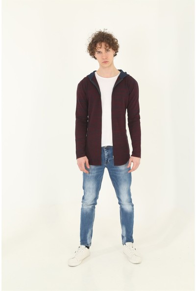 Elm Wear Fermuarlı Dik Yaka Kapüşonlu Triko Hırka - Bordo/lacivert