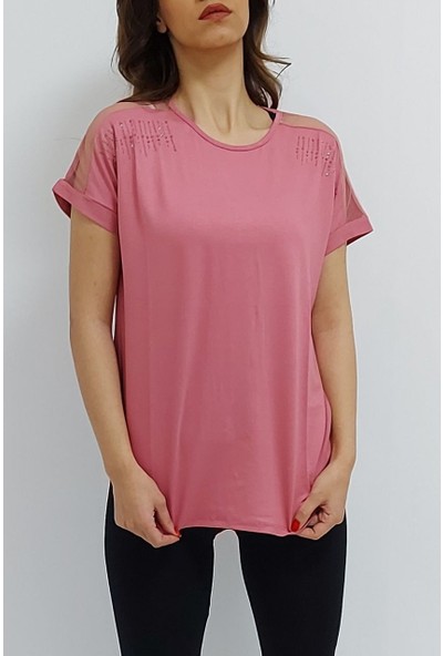İnobag Omuzu Tüllü Işlemeli Tişört Pembe