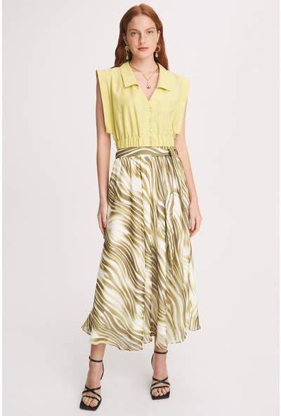 Perspective Desenli Yüksek Bel Lastikli Haki Bayan Etek 21031004 Perspective Desenli Yüksek Bel Lastikli Haki Bayan Etek 21031004