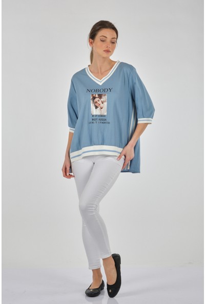 On V Yaka Kısa Kol Mavi Bayan Bluz 22166441