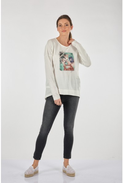 Vedi Bisiklet Yaka Desenli Uzun Kol Ekru Bayan Bluz 22122313