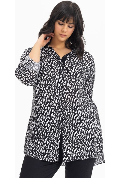 Gala-Xi Gömlek Yaka Düğmeli Desenli Uzun Kol Siyah Bayan Gömlek 2212201001