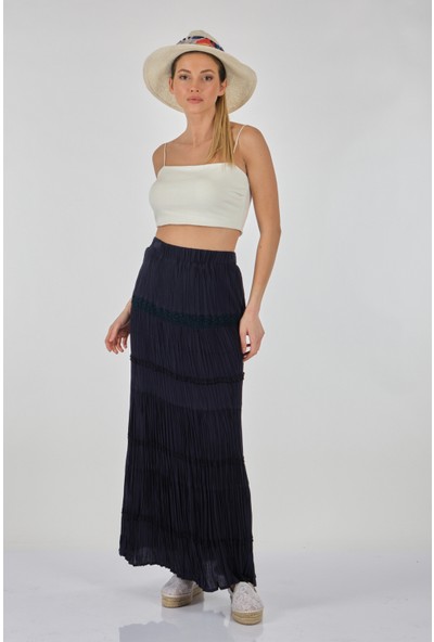 Garni Dantel Detaylı Lastikli Bel Lacivert Bayan Etek 22YETK03035