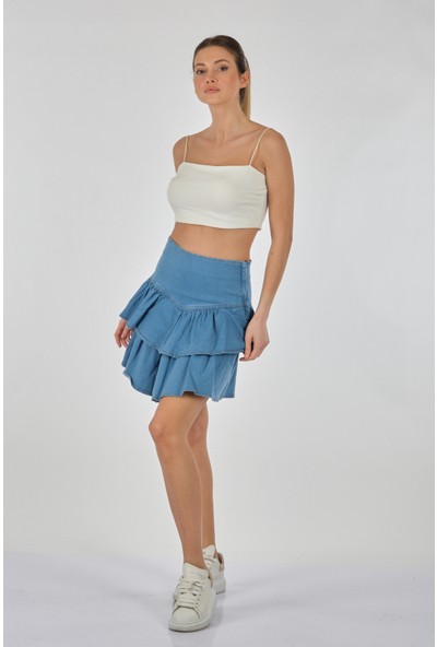 Unıque Mode Fırfırlı Normal Bel Mavi Bayan Etek US226001