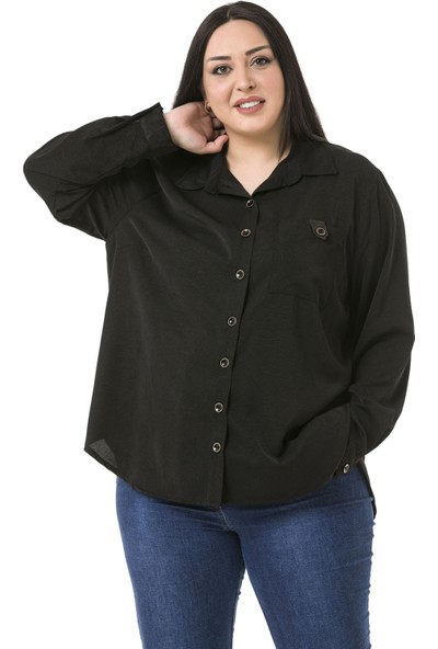 Disentis Modest Büyük Beden Deri Cep Kapaklı Yanları Açılabilir Düğme Detaylı Arkası Uzun Siyah Gömlek