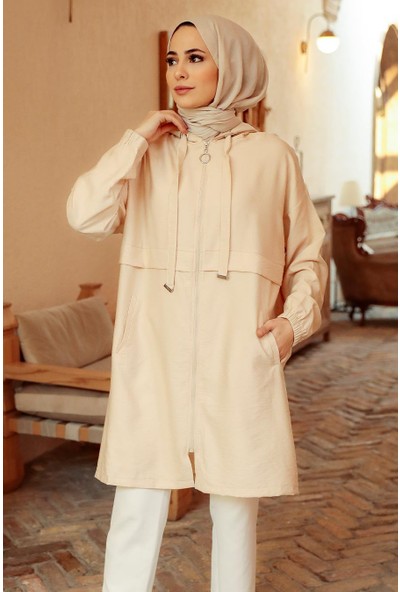 Neva Style - Kapşonlu Bej Tesettür Kap 6220BEJ Neva Style - Kapşonlu Bej Tesettür Kap 6220BEJ