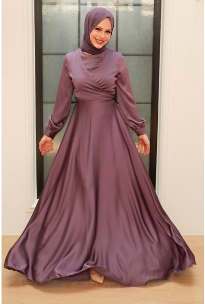 Tesettürlü Abiye Elbise - Lila Tesettür Saten Abiye Elbise 33871LILA Tesettürlü Abiye Elbise - Lila Tesettür Saten Abiye Elbise 33871LILA