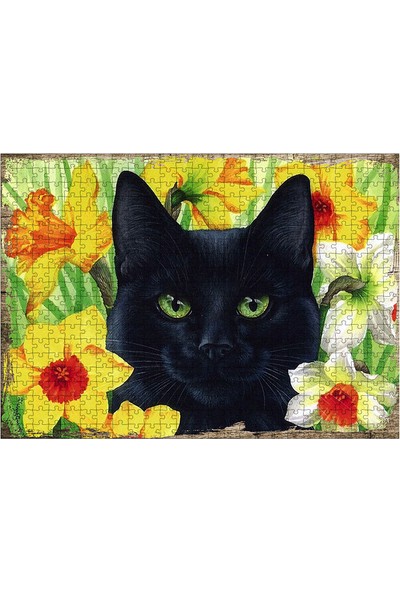 Tablomega Ahşap Mdf Puzzle Yapboz Çiçekler Içinde Kara Kedi 500 Parça 50*70 cm