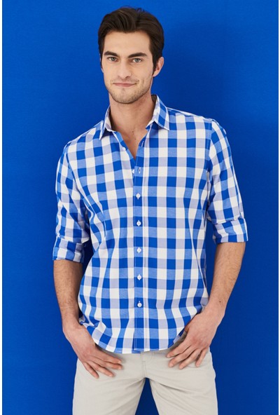 Slim Fit Dar Kesim Kareli Klasik Gömlek