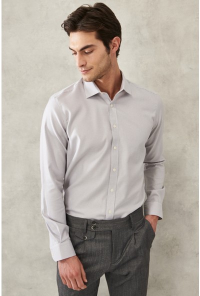Slim Fit Dar Kesim %100 Pamuk Armürlü Klasik Non-Iron Gömlek